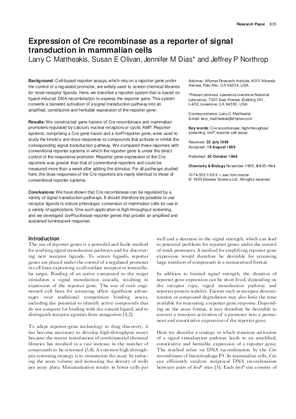 (PDF) Expression of Cre recombinase as a reporter of signal ...