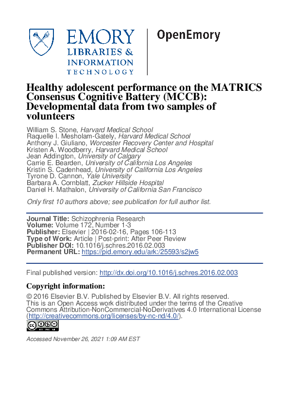 (PDF) Healthy adolescent performance on the MATRICS Consensus Cognitive ...