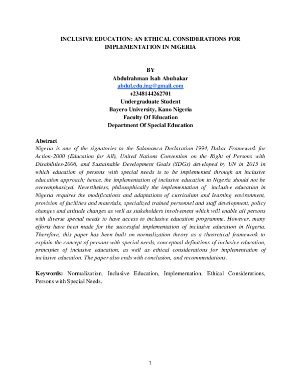 (PDF) INCLUSIVE EDUCATION: AN ETHICAL CONSIDERATIONS FOR IMPLEMENTATION IN NIGERIA