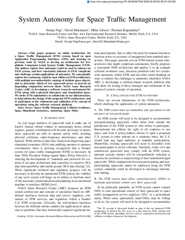(PDF) System Autonomy for Space Traffic Management