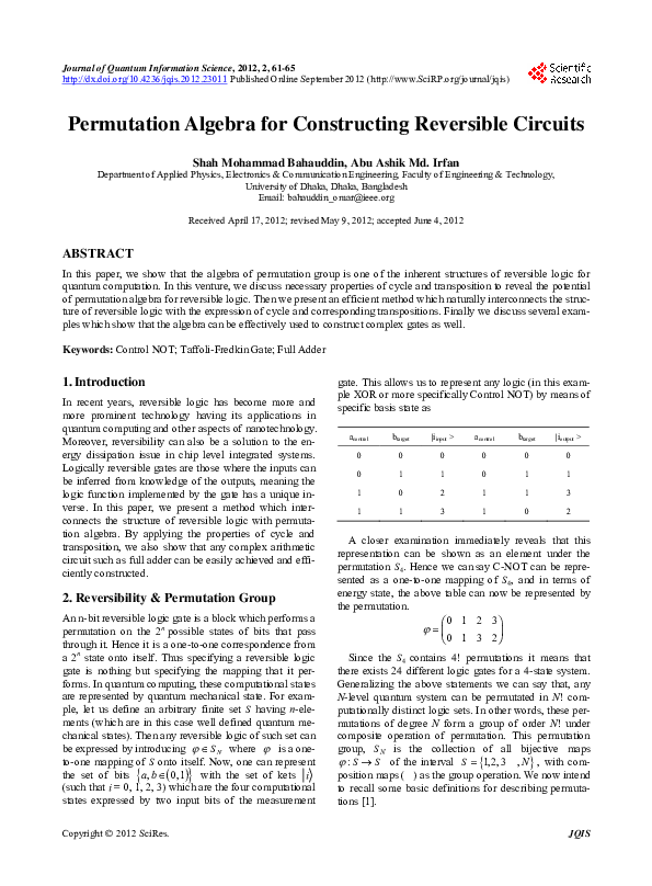 (PDF) Permutation Algebra for Constructing Reversible Circuits