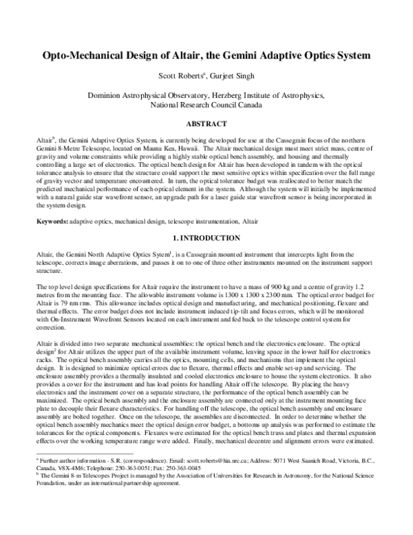 (PDF) Optomechanical design of Altair, the Gemini adaptive optics system