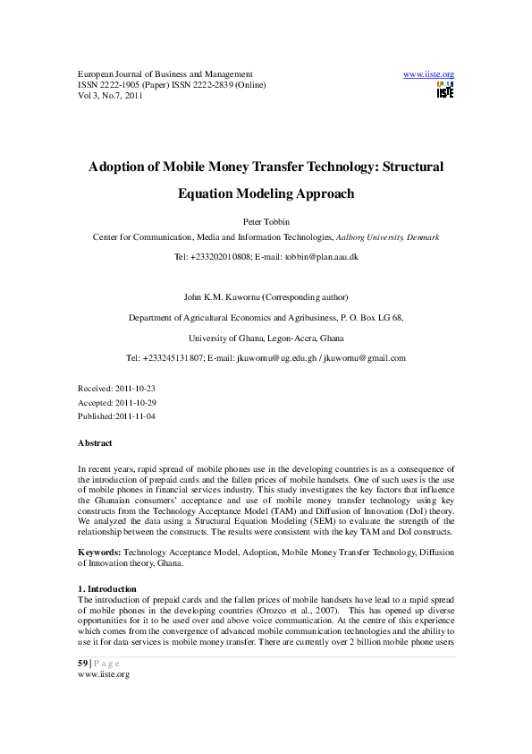(PDF) K.M.Kuwornu.(2011) Adoption of Mobile Money Transfer Technology ...