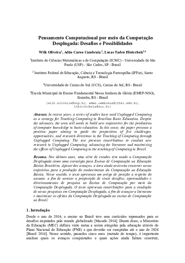 (PDF) Pensamento Computacional por meio da Computação Desplugada ...