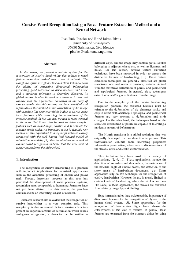 Pdf Cursive Word Recognition Using A Novel Feature Extraction Method And A Neural Network