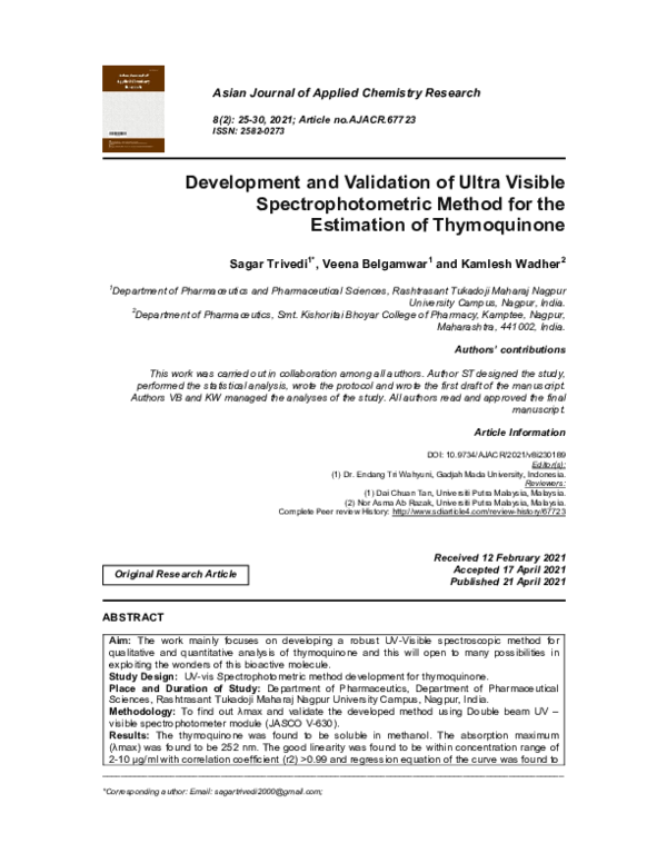 Pdf Development And Validation Of Ultra Visible Spectrophotometric Method For The Estimation
