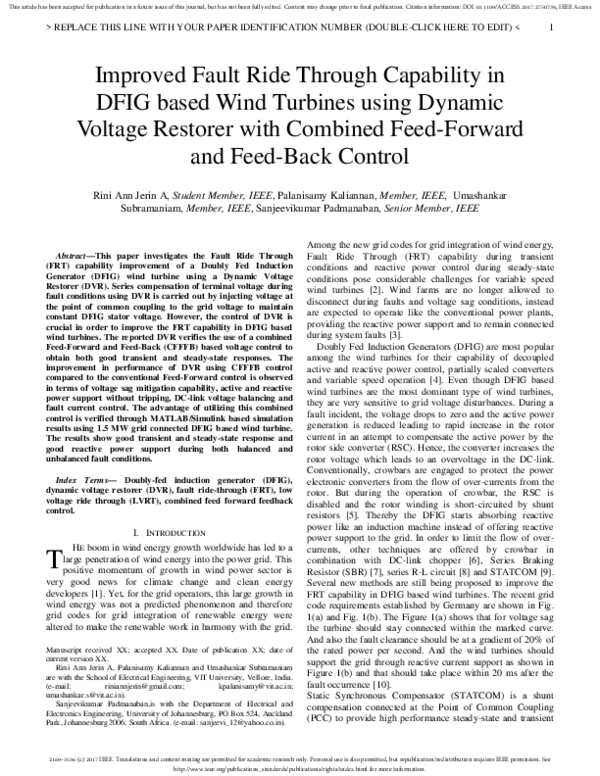 Pdf Improved Fault Ride Through Capability In Dfig Based Wind Turbines Using Dynamic Voltage