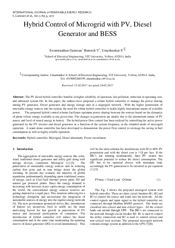 (PDF) Hybrid Control of Microgrid with PV, Diesel Generator and BESS