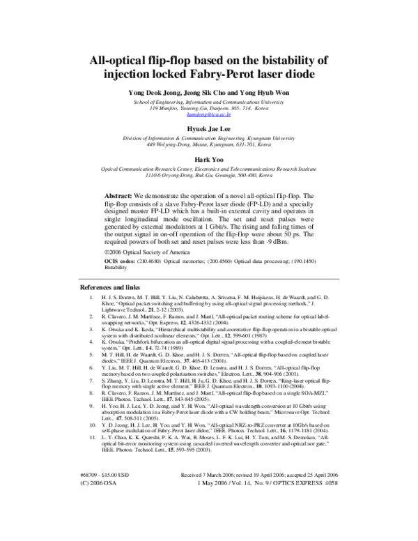 (PDF) All-optical flip-flop based on the bistability of injection locked Fabry-Perot laser diode