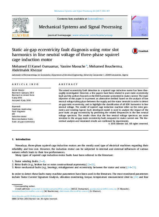 (PDF) Static air-gap eccentricity fault diagnosis using rotor slot harmonics in line neutral ...