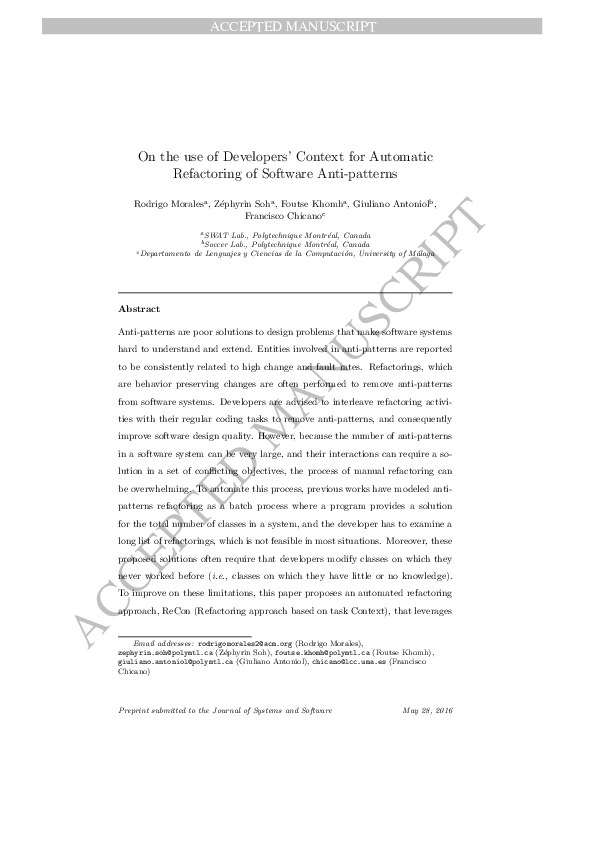 Pdf On The Use Of Developers Context For Automatic Refactoring Of Software Anti Patterns 7556