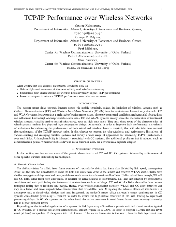 (PDF) TCP / IP Performance over Wireless Networks