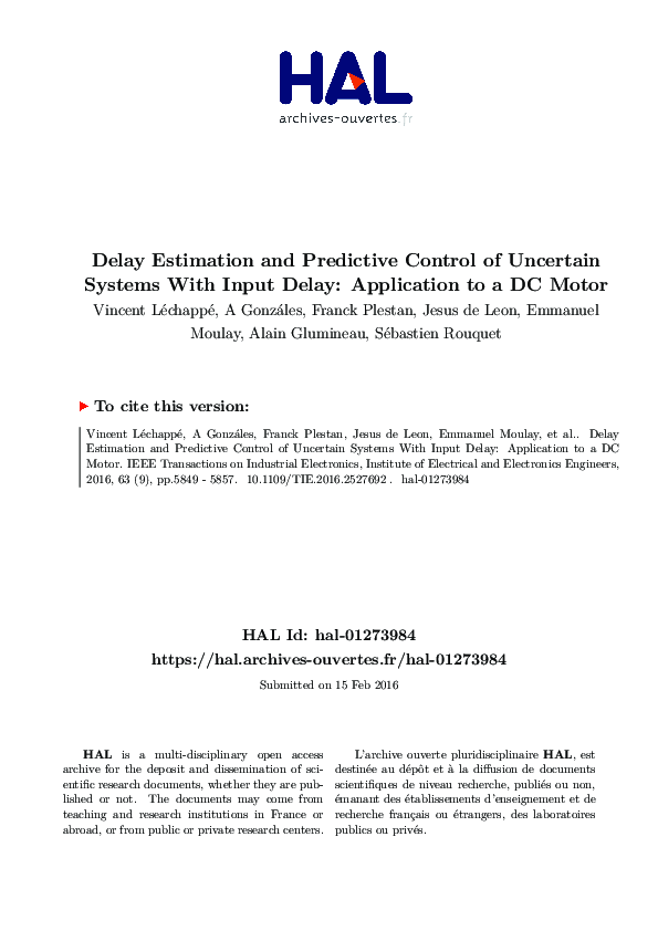 (PDF) Delay Estimation and Predictive Control of Uncertain Systems With Input Delay: Application ...