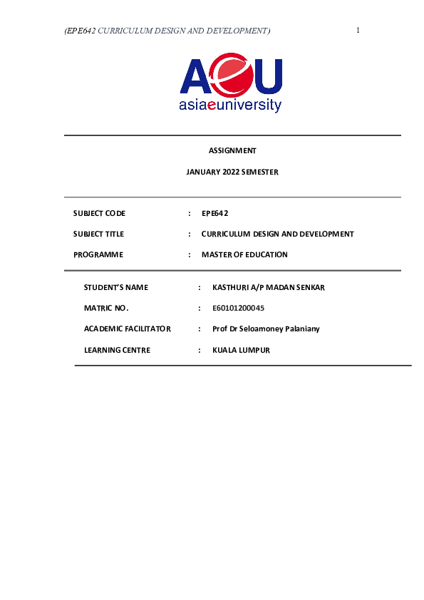 (DOC) Assignment Curriculum Design and Development