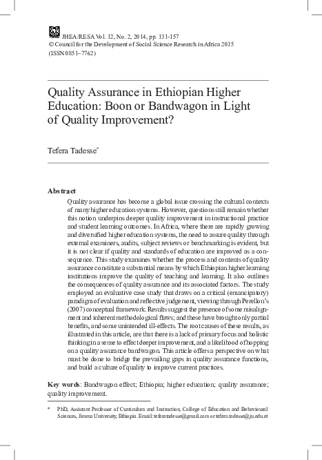 (PDF) Quality Assurance in Ethiopian Higher Education: Boon or Bandwagon in Light of Quality ...