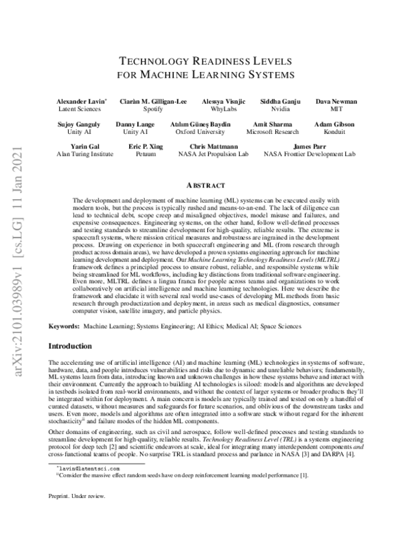 (PDF) Technology Readiness Levels for Machine Learning Systems