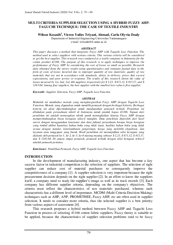 Pdf Multi Criteria Supplier Selection Using A Hybrid Fuzzy Ahp Taguchi Technique The Case Of