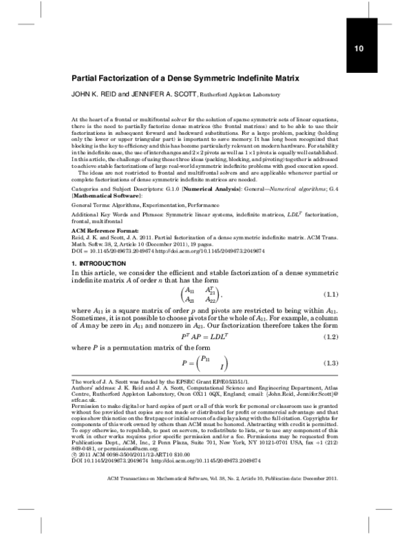 (PDF) Partial factorization of a dense symmetric indefinite matrix | Jennifer Scott - Academia.edu