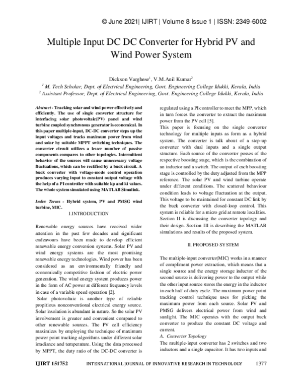 (PDF) Multiple Input DC DC Converter for Hybrid PV and Wind Power System