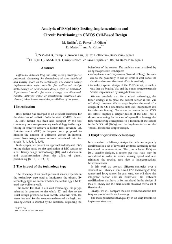 Pdf Analysis Of Issqiddq Testing Implementation And Circuit Partitioning In Cmos Cell Based