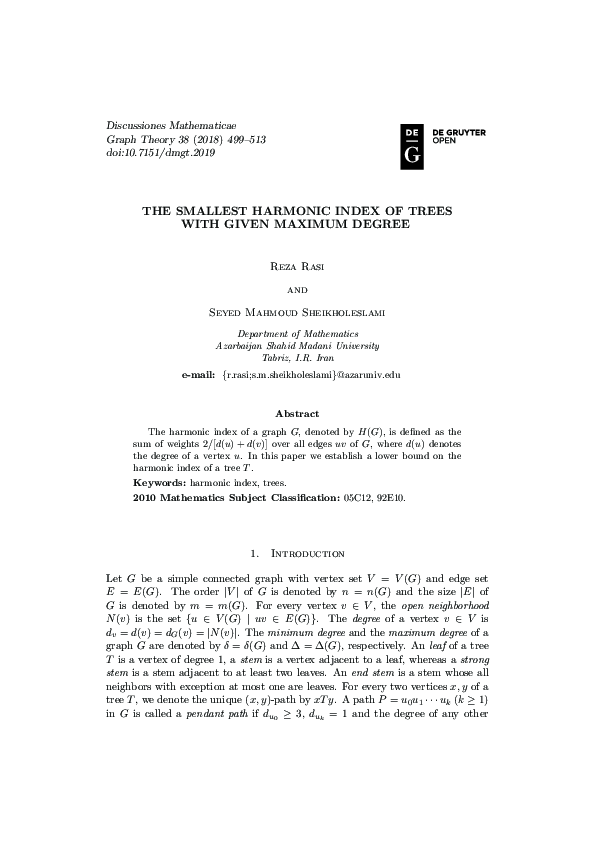 (PDF) The smallest harmonic index of trees with given maximum degree