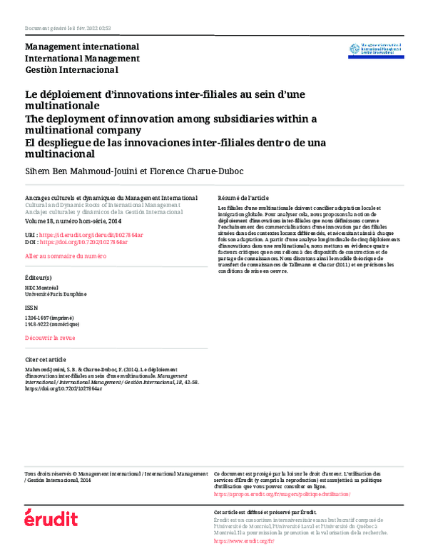 (PDF) Le déploiement d’innovations inter-filiales au sein d’une ...