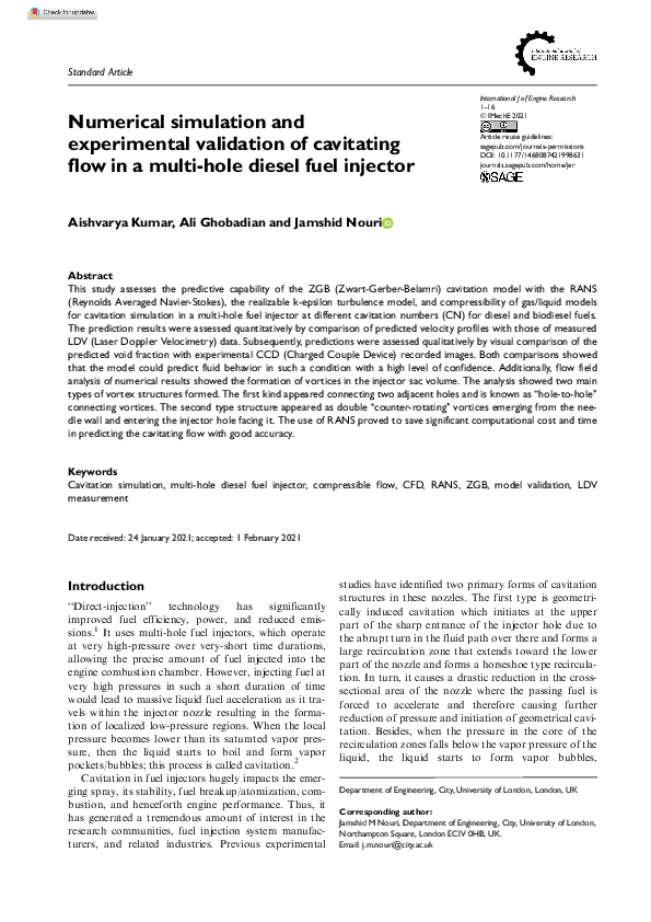 (PDF) Numerical simulation and experimental validation of cavitating flow in a multi-hole diesel ...