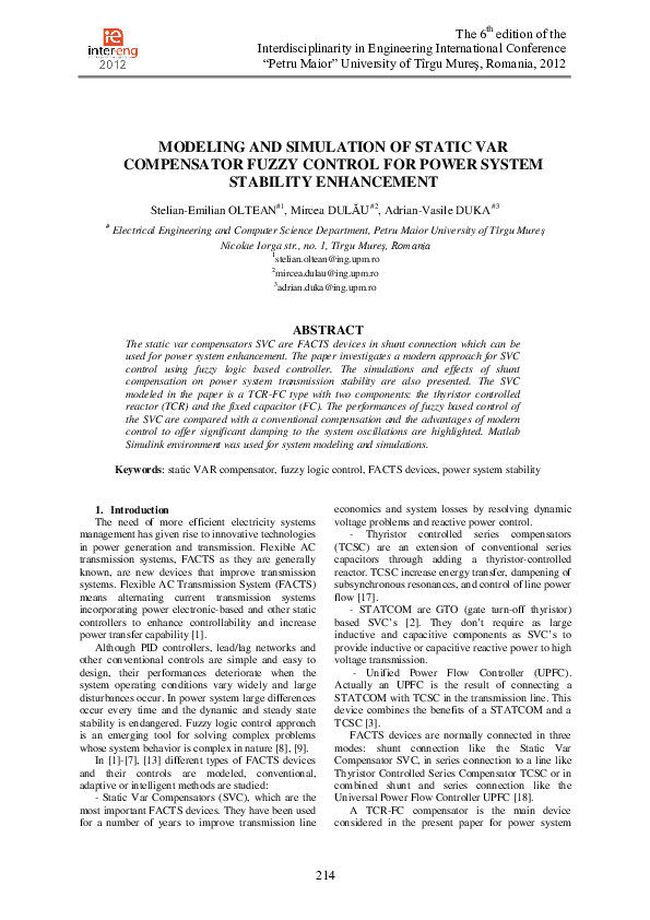 (PDF) Modeling and Simulation of Static Var Compensator Fuzzy Control for Power System Stability ...
