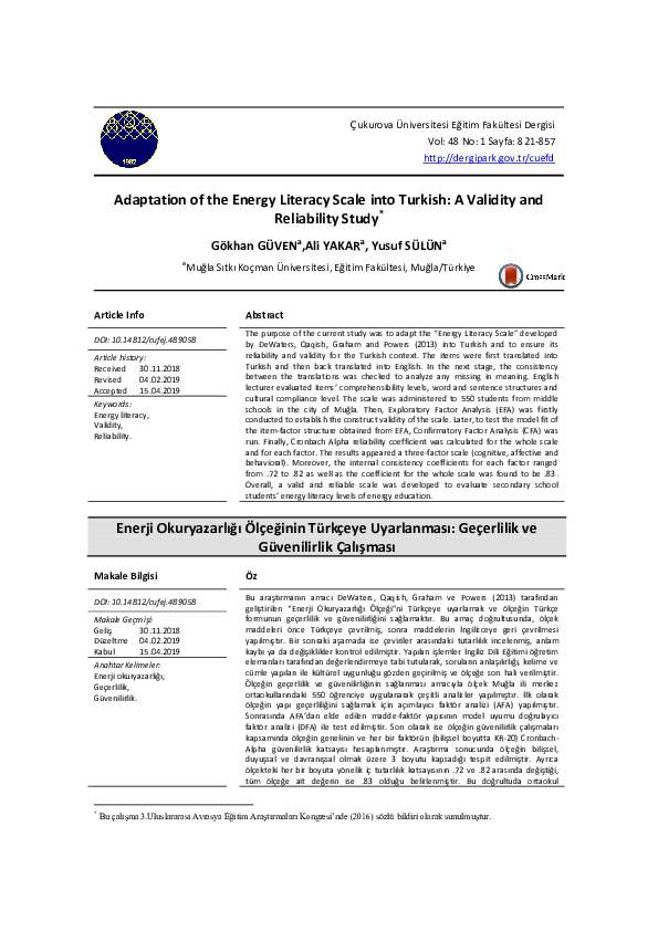 (PDF) Adaptation of the Energy Literacy Scale into Turkish: A Validity ...