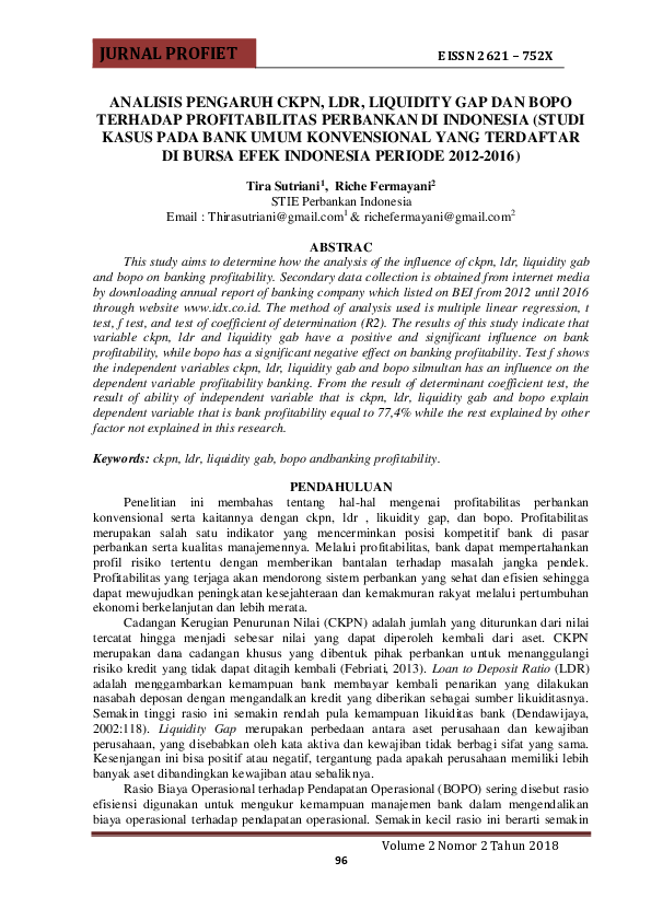 (PDF) Analisis Pengaruh CKPN, LDR, Liquidity Gap Dan Bopo Terhadap Profitabilitas Perbankan DI ...