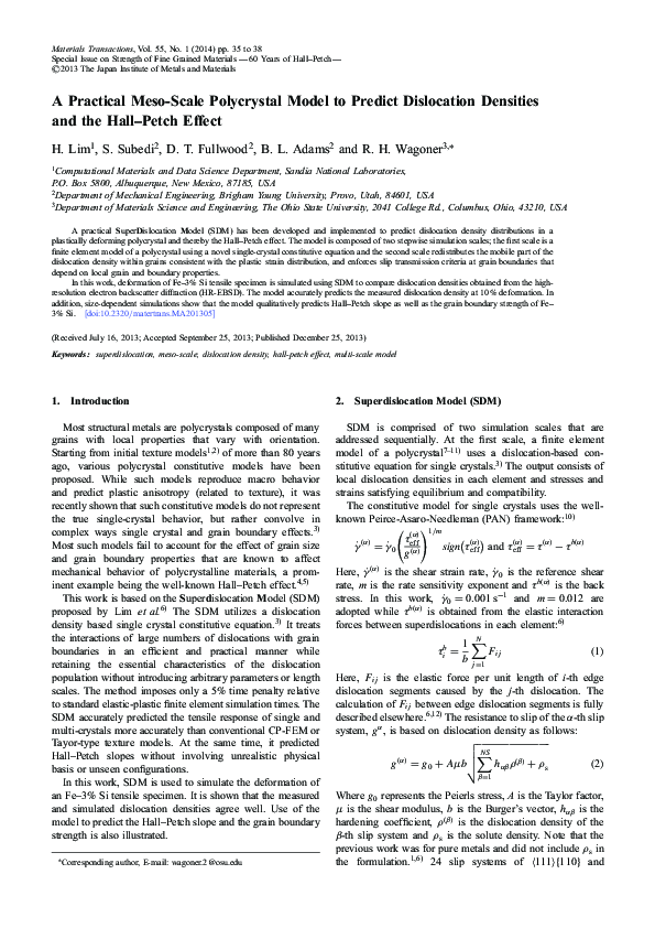 (PDF) A Practical Meso-Scale Polycrystal Model to Predict Dislocation Densities and the Hall ...