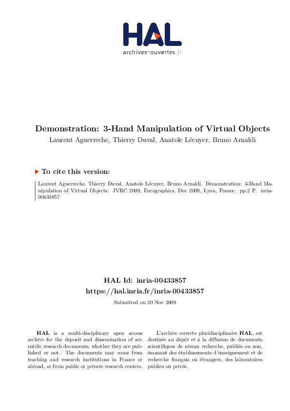 (PDF) Demonstration: 3-hand manipulation of virtual objects
