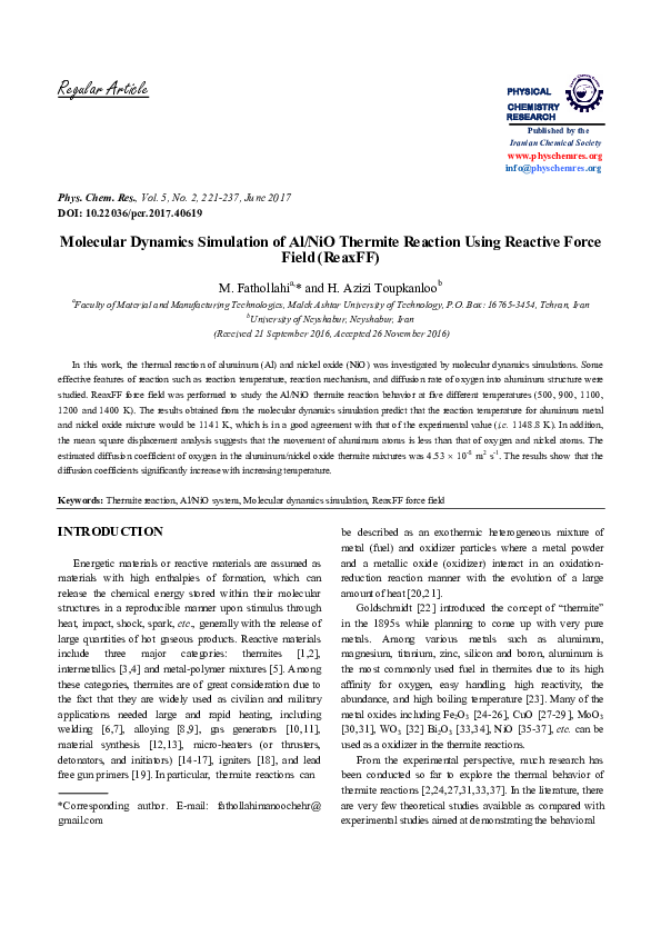 (PDF) Molecular Dynamics Simulation of Al/NiO Thermite Reaction Using ...
