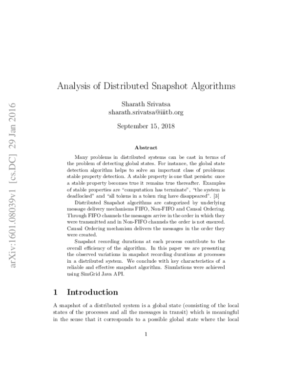 (PDF) Analysis of Distributed Snapshot Algorithms