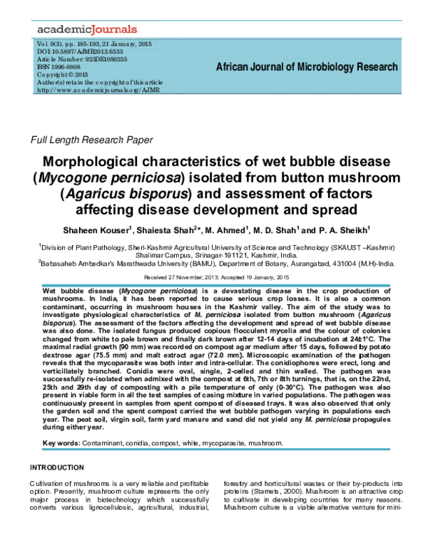 (PDF) Morphological characteristics of wet bubble disease (Mycogone perniciosa) isolated from ...