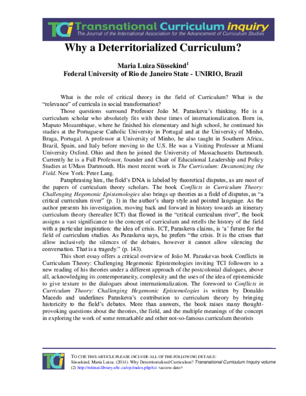 (PDF) Why a Deterritorialized Curriculum?