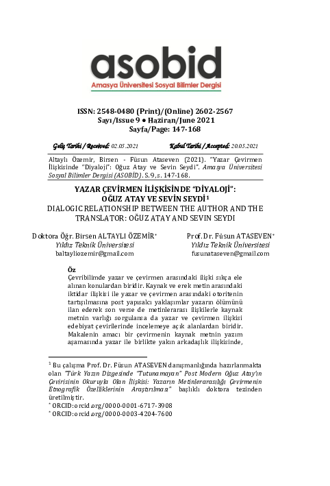 (PDF) Yazar-çevirmen ilişkisi-Oğuz Atay/Sevin Seydi