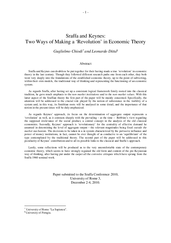 (PDF) Sraffa and Keynes: Two Ways of Making a ‘Revolution’ in Economic ...