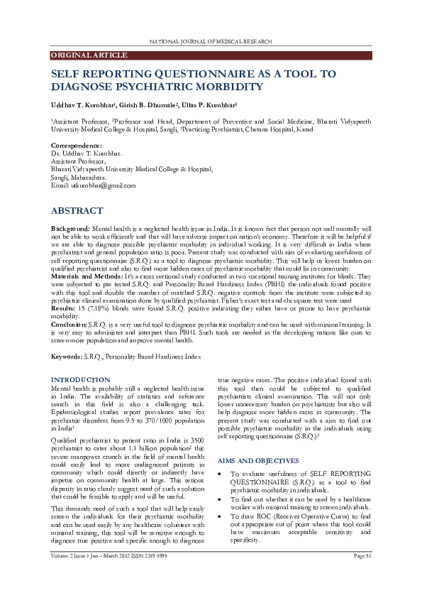 (PDF) Self Reporting Questionnaire for Diagnosing Psychiatric Morbidity