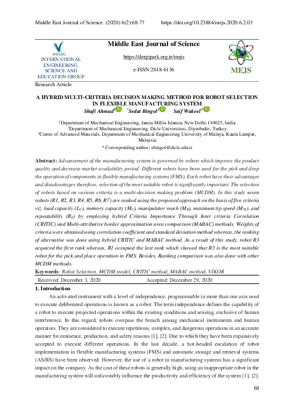 Pdf A Hybrid Multi Criteria Decision Making Method For Robot