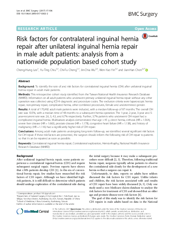 Pdf Risk Factors For Contralateral Inguinal Hernia Repair After