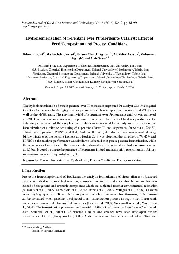 (PDF) Hydroisomerization of n-Pentane over Pt/Mordenite Catalyst ...