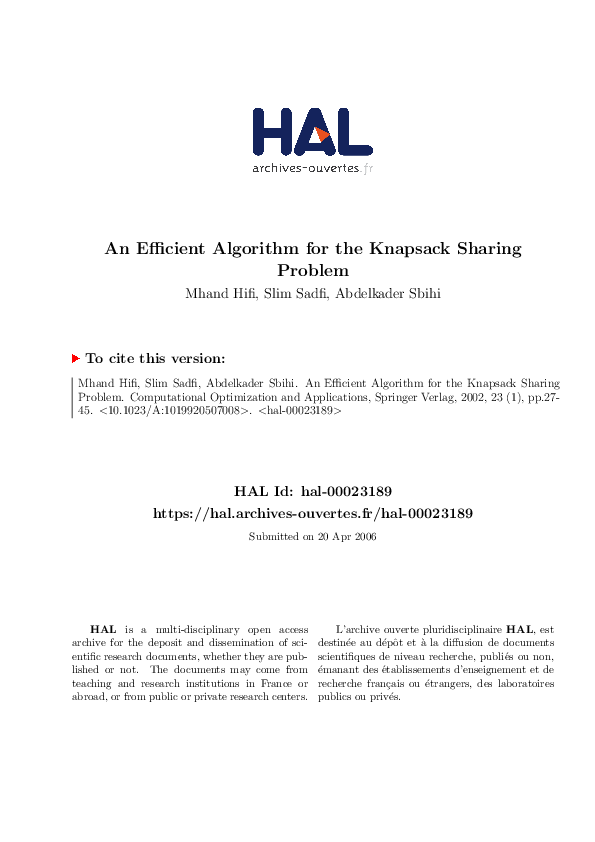 (PDF) Efficient Algorithms for the Knapsack Sharing Problem