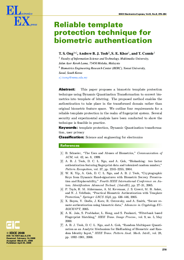 (PDF) Reliable template protection technique for biometric authentication