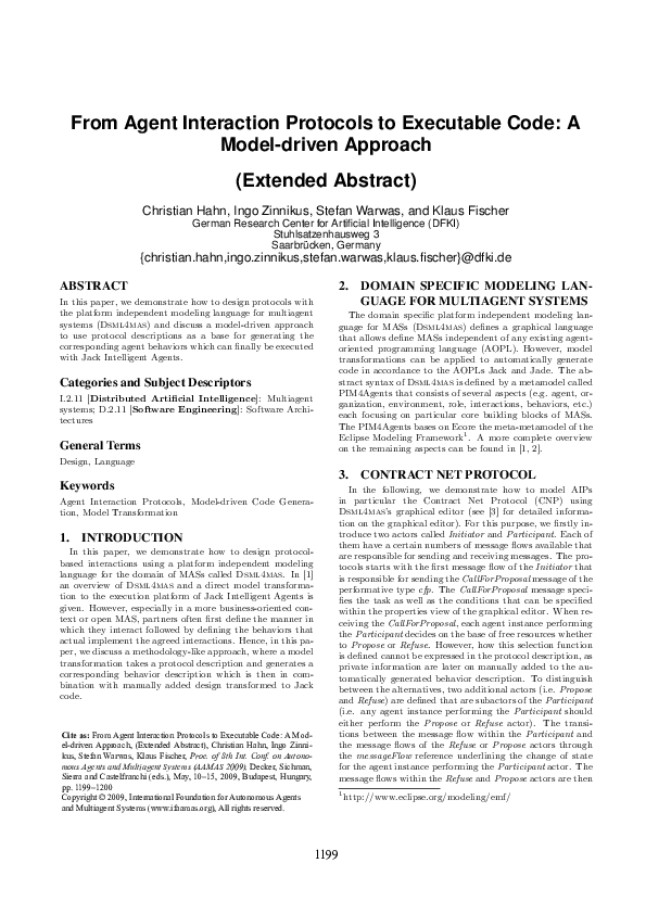 Pdf From Agent Interaction Protocols To Executable Code A Model Driven Approach Klaus