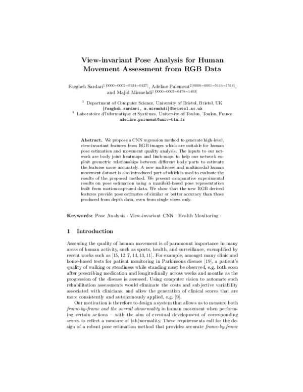 (PDF) View-Invariant Pose Analysis for Human Movement Assessment from RGB Data