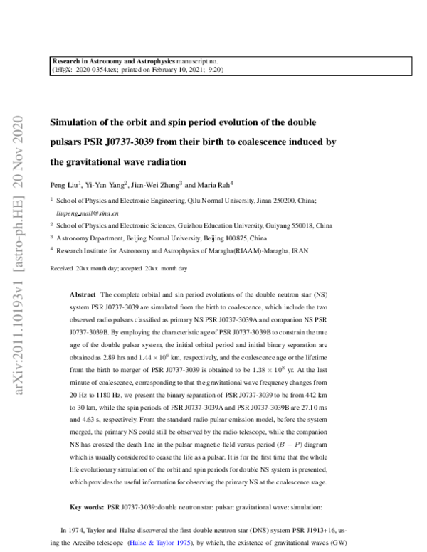 (PDF) Simulation of the orbit and spin period evolution of the double ...