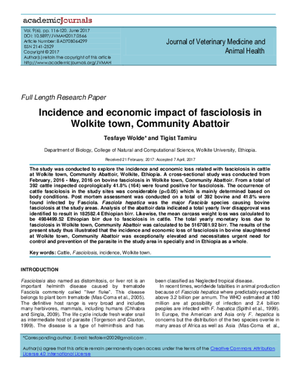 (PDF) Incidence and economic impact of fasciolosis in Wolkite town ...