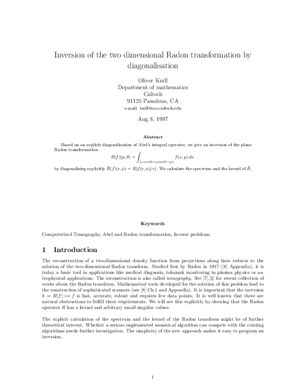 (PDF) Inversion of the two dimensional Radon transformation by diagonalisation