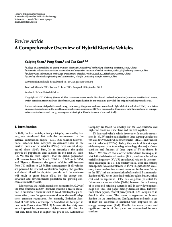 (PDF) A comprehensive overview of hybrid electric vehicle: Powertrain ...